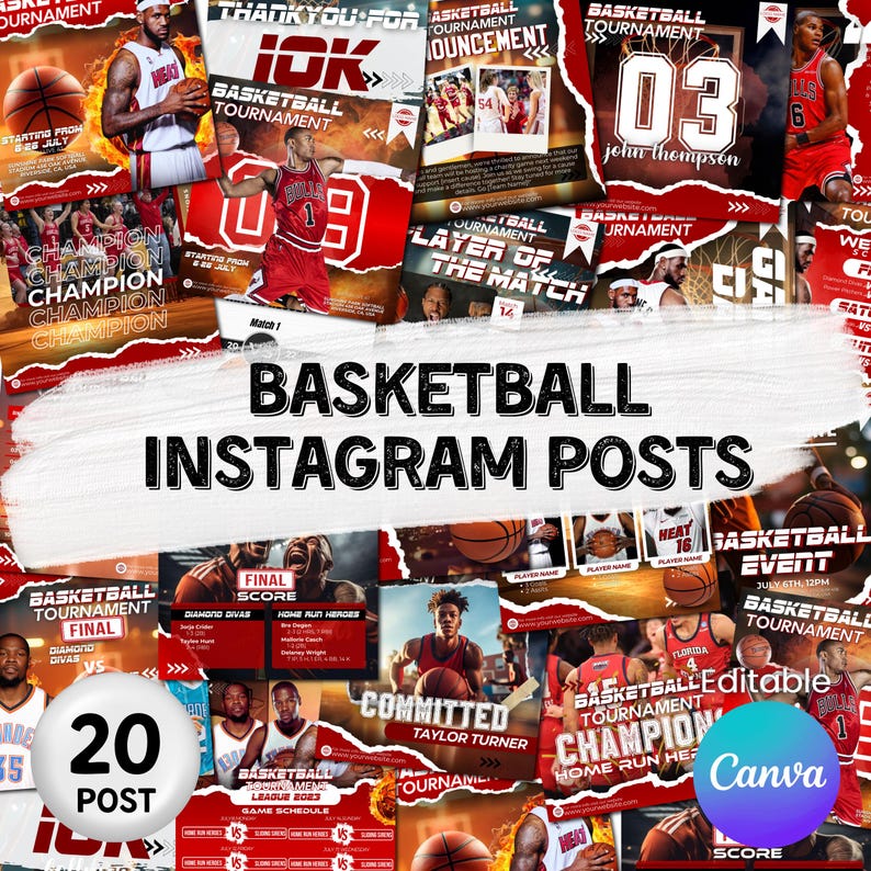 Basketball Instagram Posts Bundle, 20 Canva Basketball Templates ...