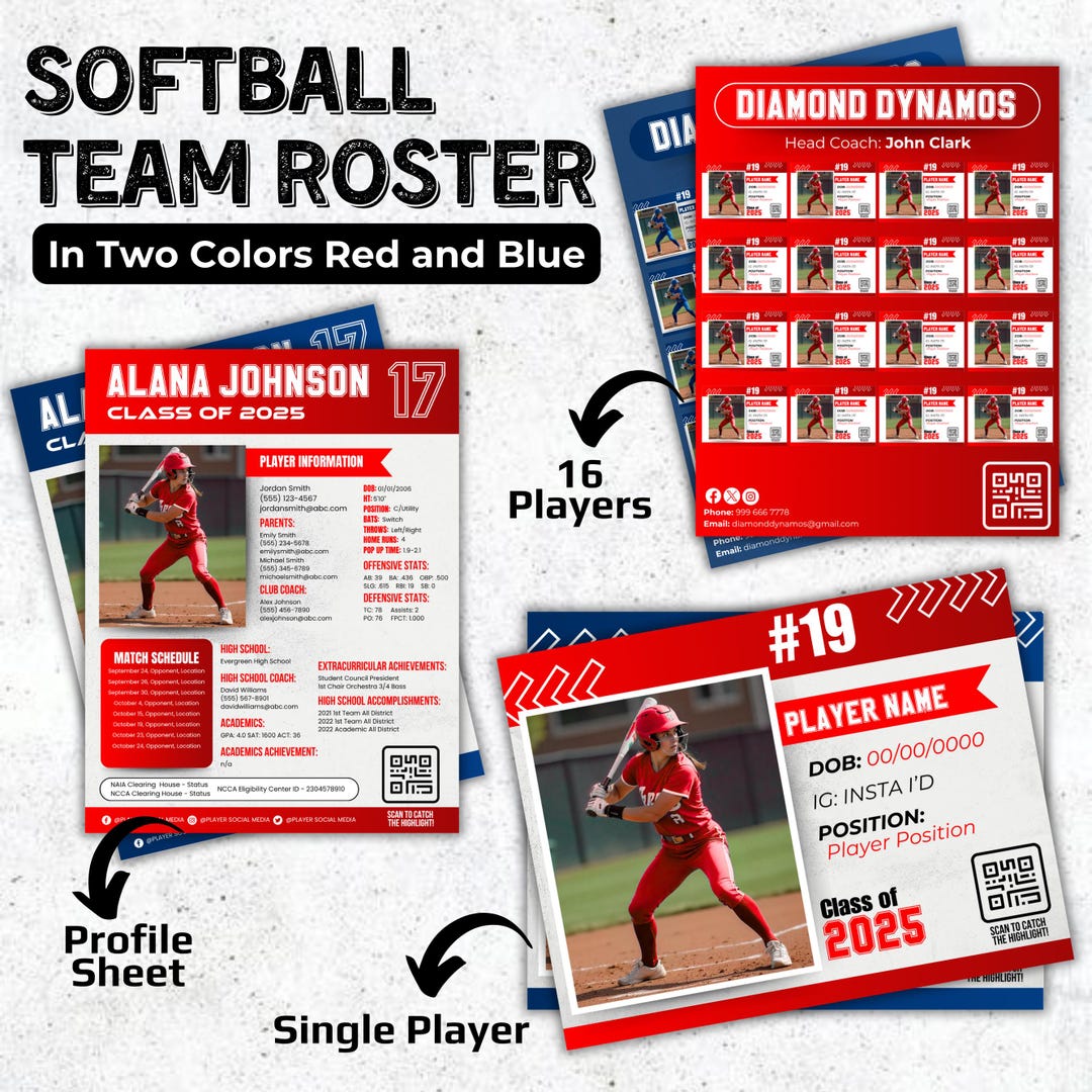 16 Player Travel Team Roster, Sports Profile Sheet Template, Softball ...