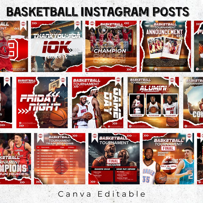 Basketball Instagram Posts Bundle, 20 Canva Basketball Templates ...