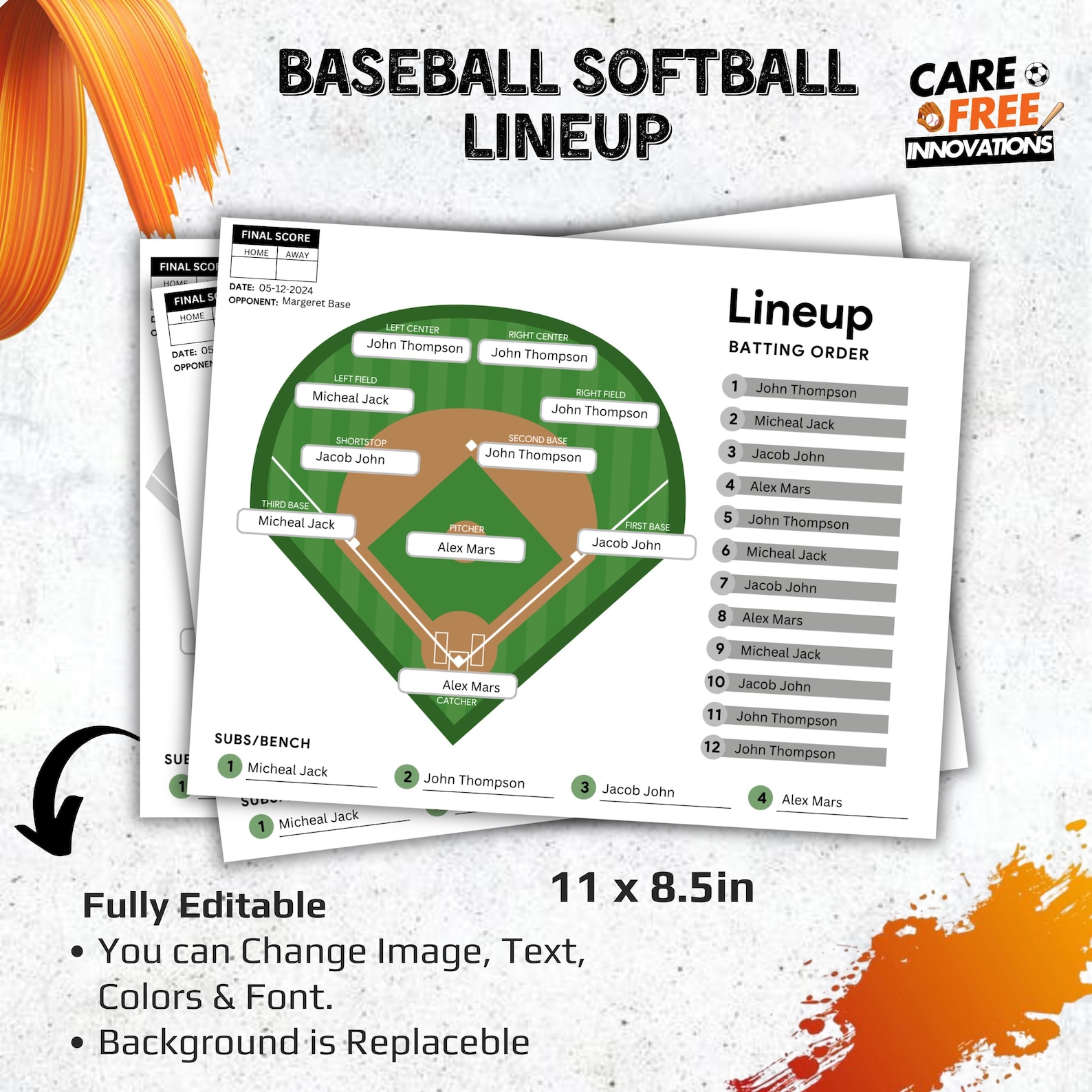 Editable Baseball Lineup,softball Lineup,baseball Chart Cards,baseball ...