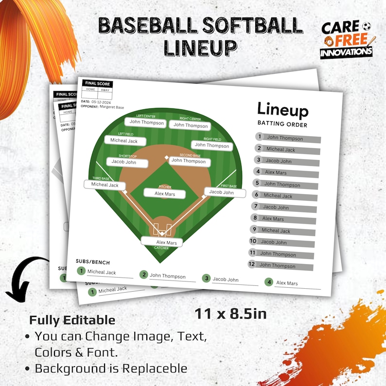 Editable Baseball Lineup,softball Lineup,baseball Chart Cards,baseball ...