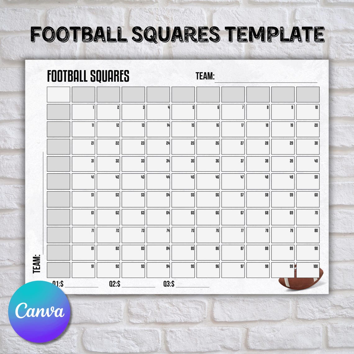 Football Squares Template, 100 Football Squares, Football Fundraiser ...