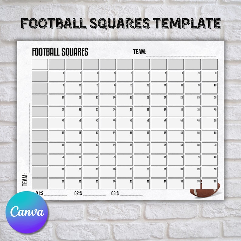 Football Squares Template, 100 Football Squares, Football Fundraiser ...