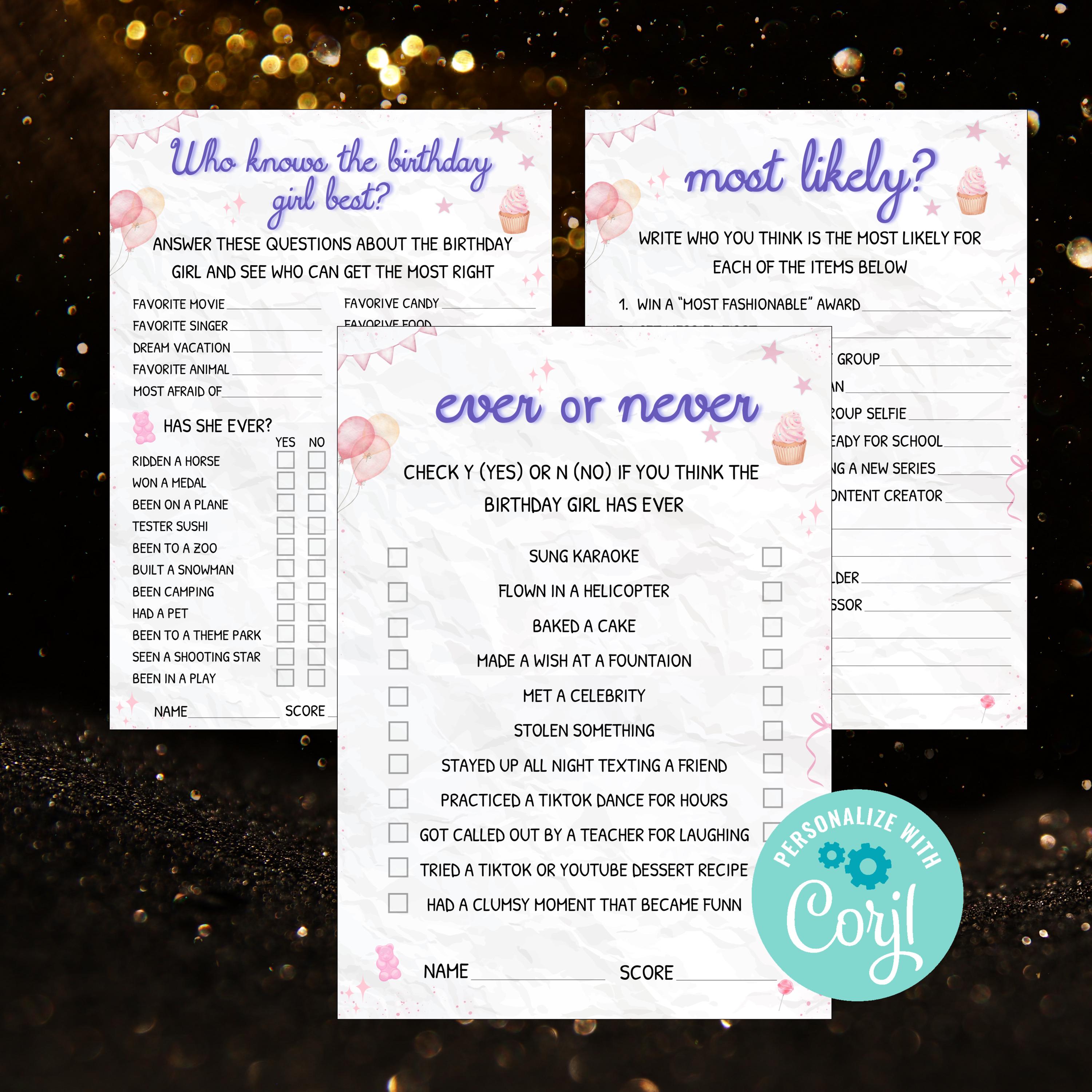 Editable Teen Birthday Party Games Quiz Tween Sleepover Games Birthday ...