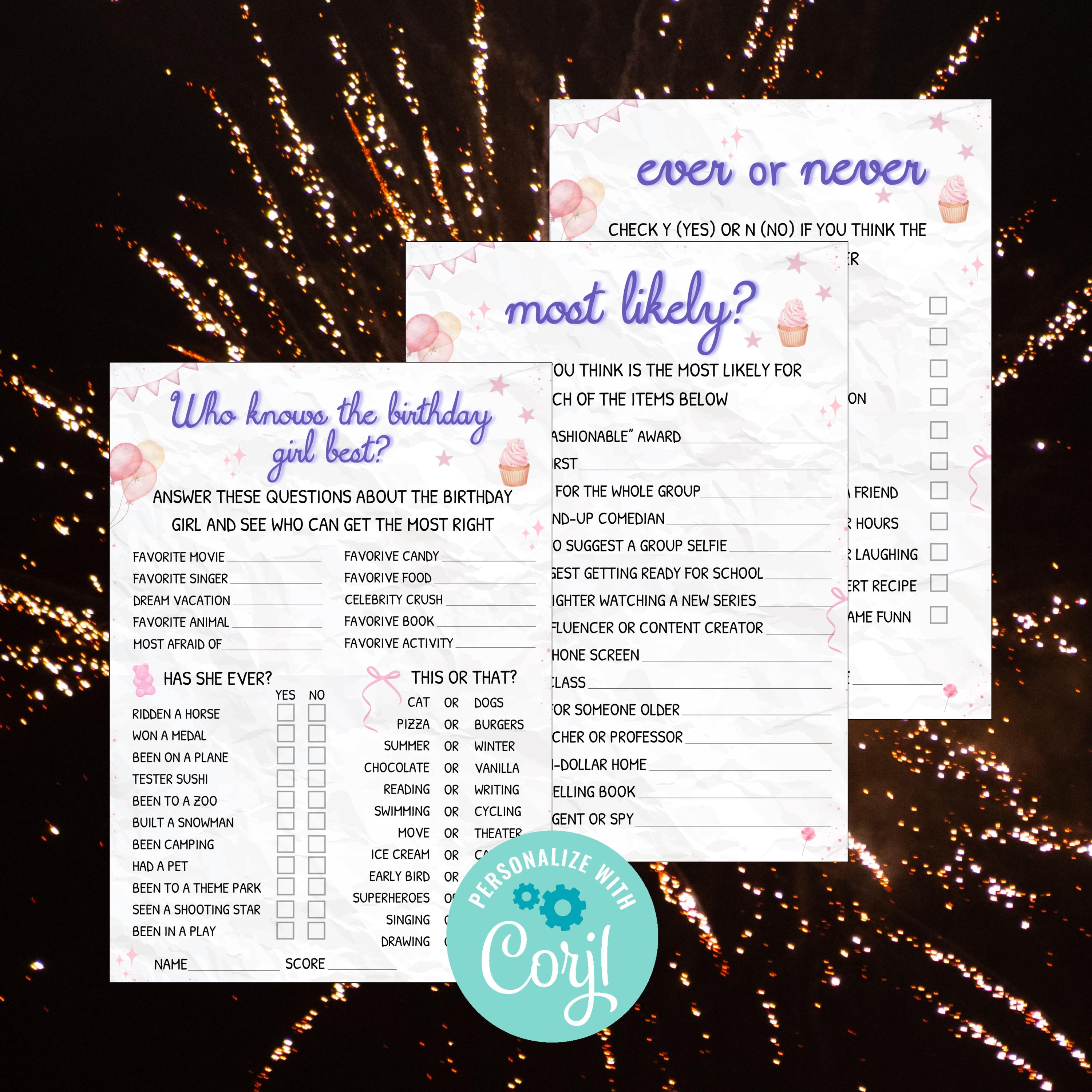 Editable Teen Birthday Party Games Quiz Tween Sleepover Games Birthday ...