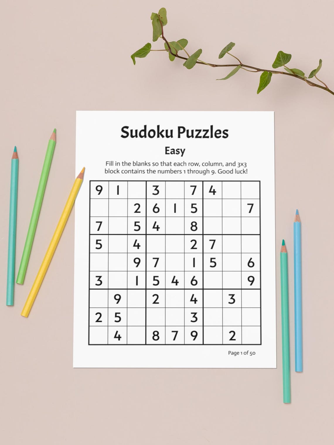50 EASY Sudoku Puzzles - PRINTABLE Activity Pages - Letter Size - Value ...