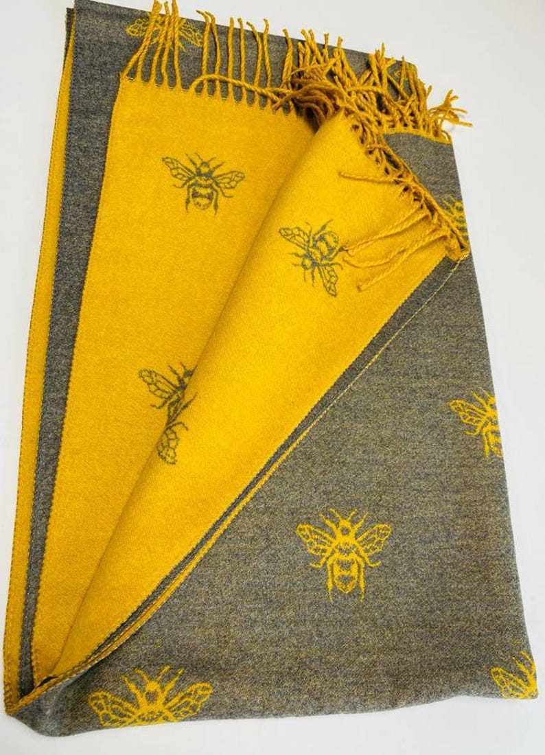 New Yellow Grey Colour Scarf Bumble Bees Reversible Super Soft Winter ...