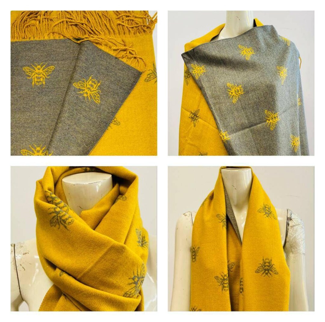 New Yellow Grey Colour Scarf Bumble Bees Reversible Super Soft Winter ...