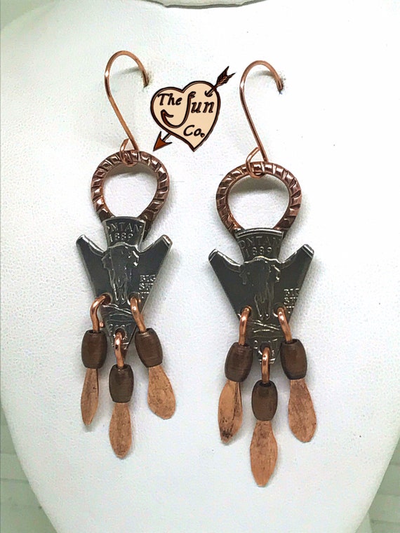 Thefuncompany Coin Southwestern Bison Earrings Cowgirl Earrings with Feathers Handmade Copper Earrings Designer Western Earrings Mother s Day Gift