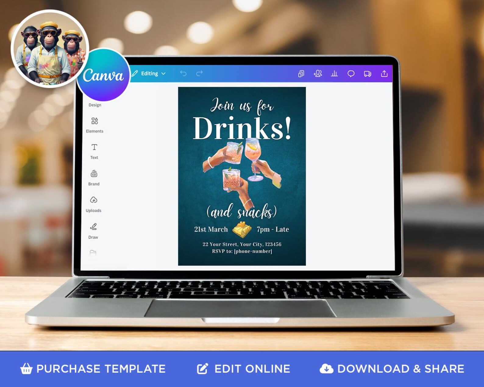 Cocktail Party Invitation: Editable Drinks Theme, Canva Template ...