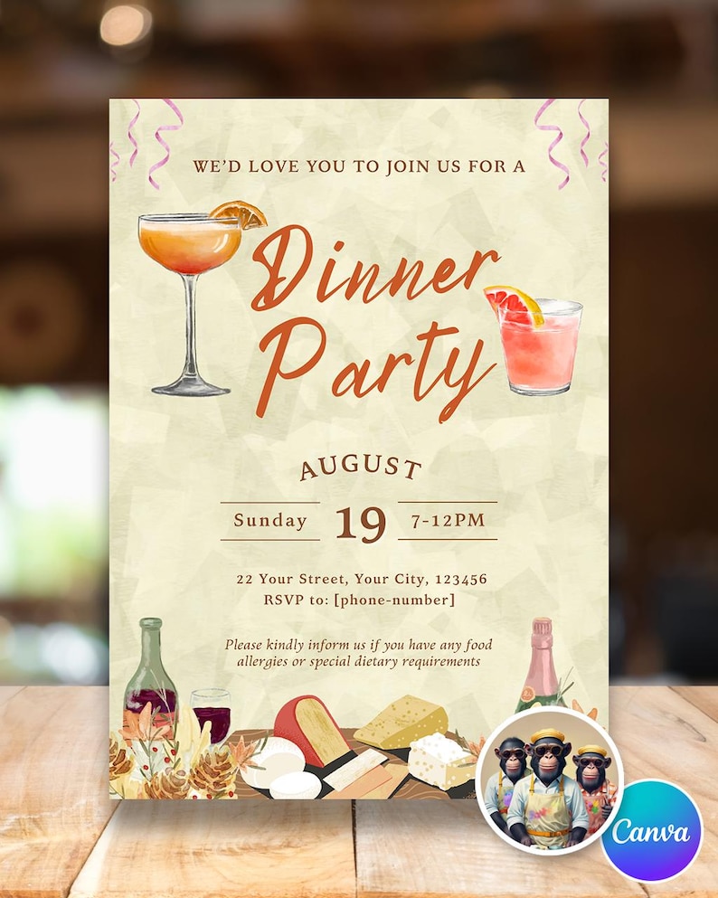 Editable Dinner Party Invitation Template: Canva Theme Party Invite ...