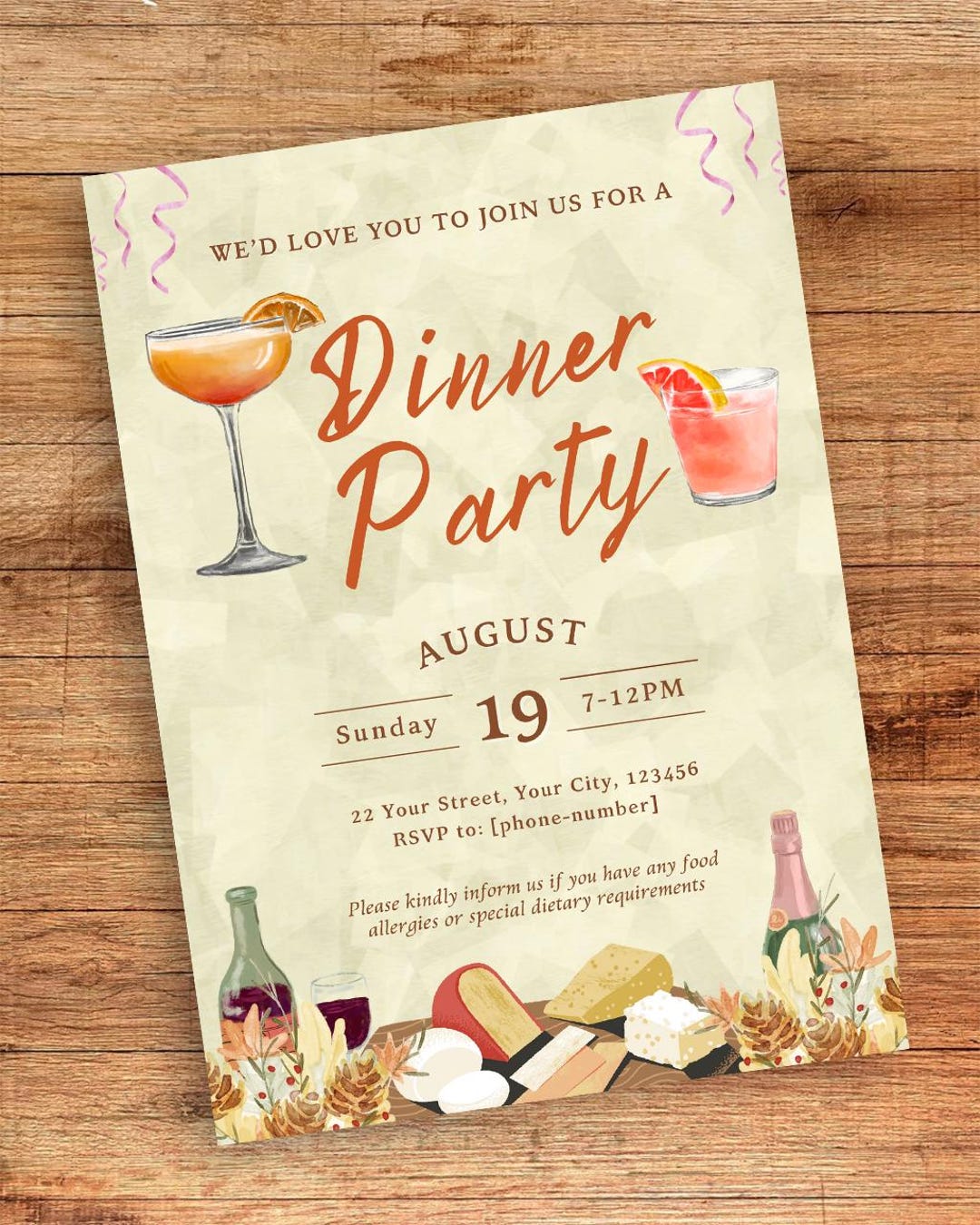 Dinner Party Theme Party Invitation, Editable Adults Dinner Party ...