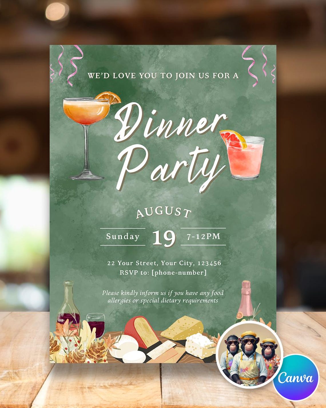 Editable Dinner Party Invitation Template (canva, 5x7 Portrait ...