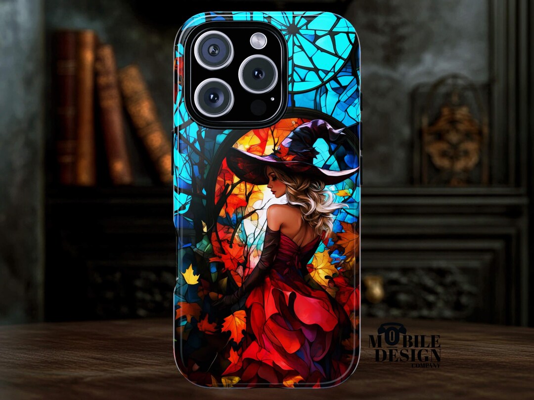 Mystical Autumn Witch Phone Case, Stained Glass Print for iPhone 16 15 ...