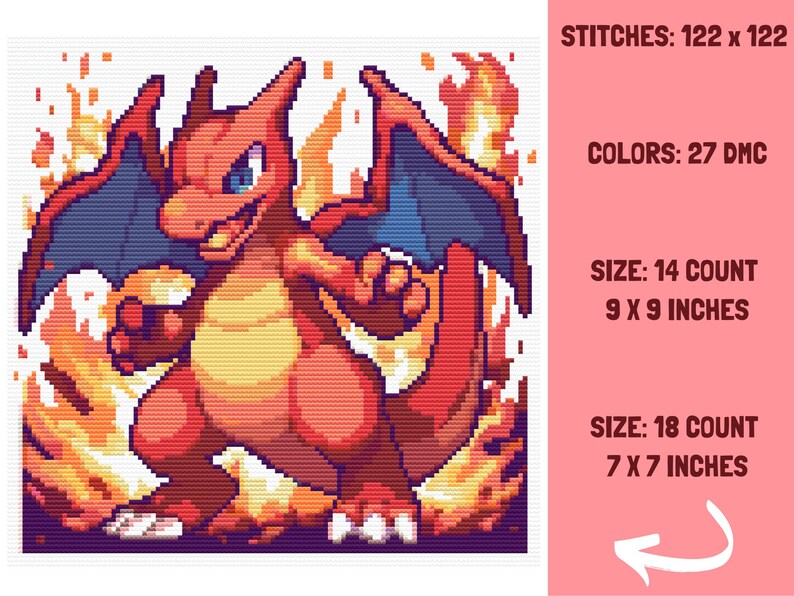 Cute Charizard Digital Cross Stitch Pattern PDF File | Cute Cartoon ...
