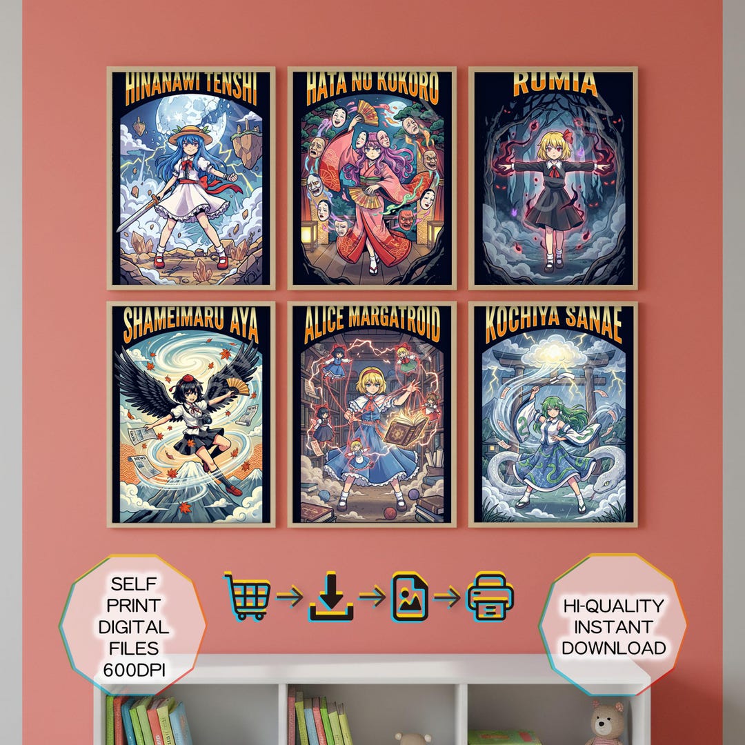 Touhou Retro Poster Set of 6, Wall Art Bundle, Colorful, Anime Fan Gift ...