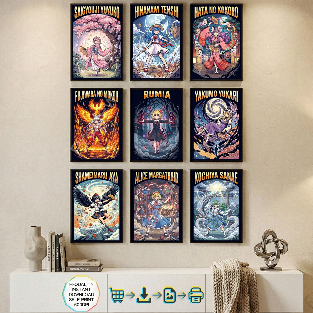 Touhou Poster Set of 9, Retro Wall Art, Colorful Bundle, Anime Girl Fan ...