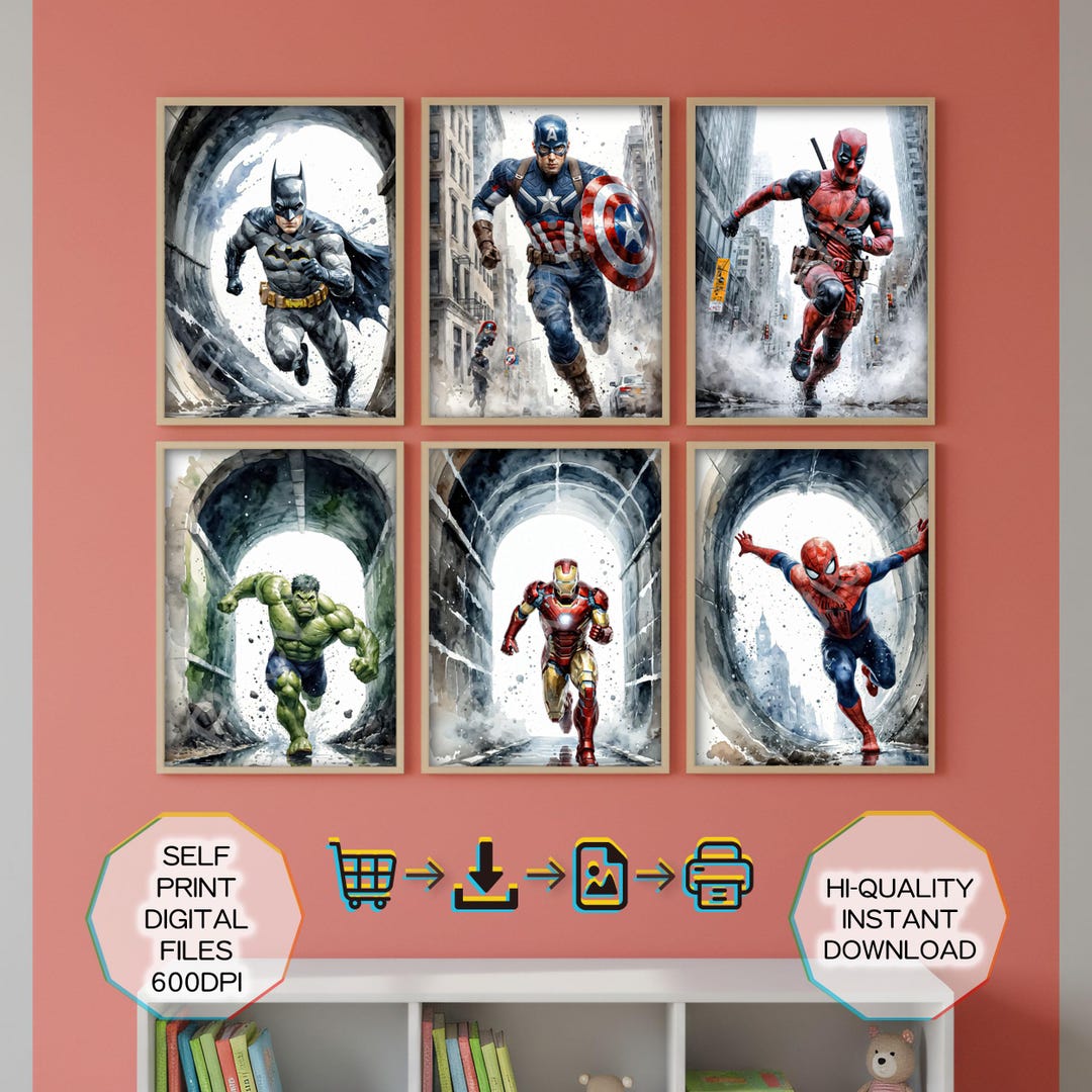 6 Comics Superheroes Poster Set, Boys Room, Birthday Decor, Hero Comics ...