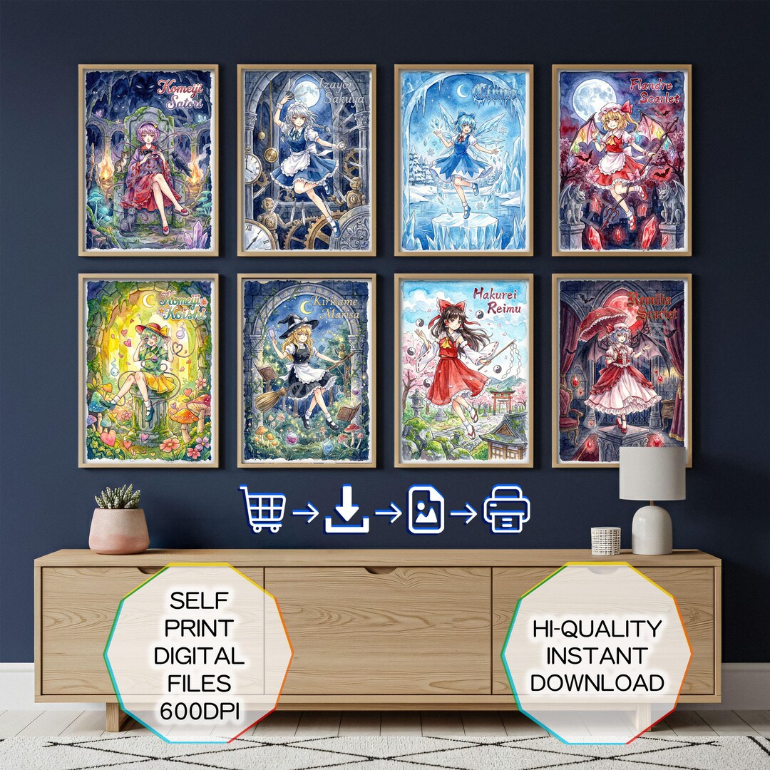 Touhou Poster Set of 8, Watercolor Wall Art Bundle, Colorful, Anime ...
