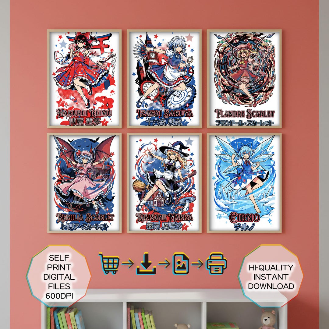 Touhou Poster Set of 6, Retro Wall Art Bundle, Colorful, Anime Fan Gift ...