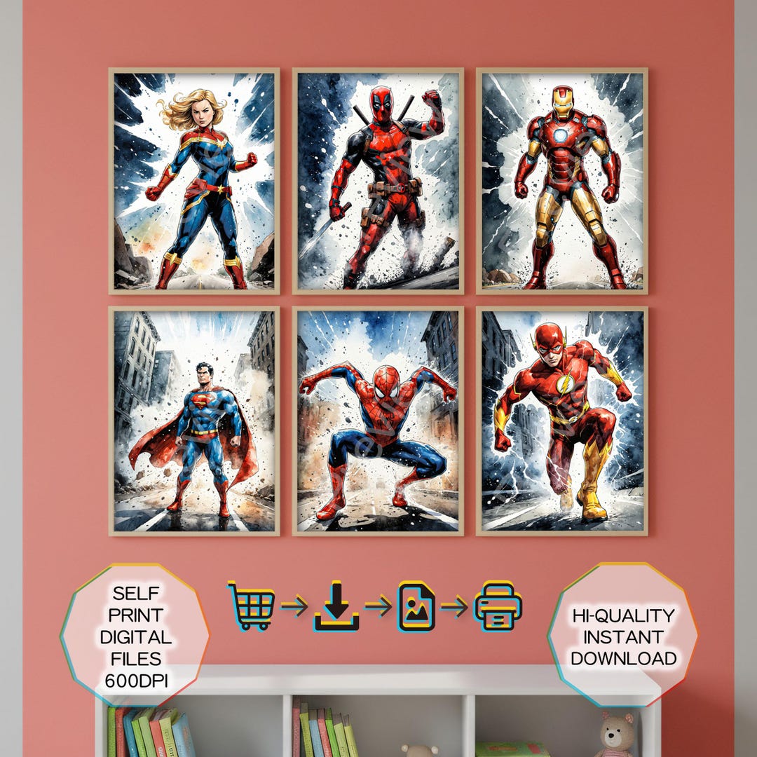6 Comics Superheroes Poster Set, Boys Room, Birthday Decor, Hero Comics ...
