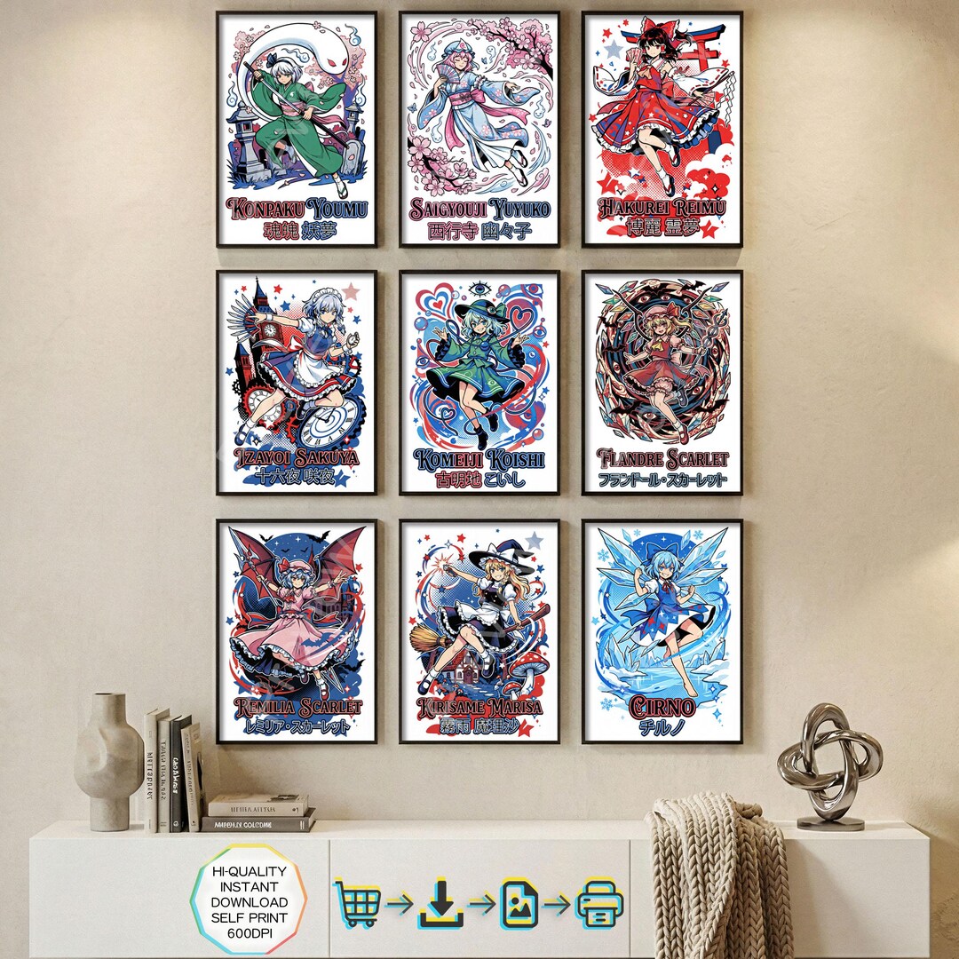 Touhou Poster Set of 9, Retro Wall Art Bundle, Colorful, Anime Fan Gift ...