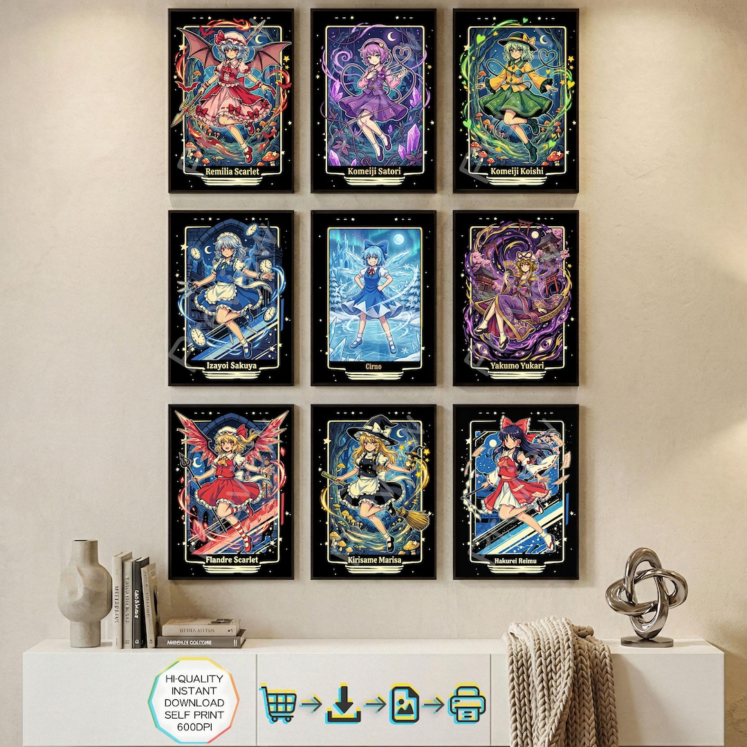 Touhou Poster Set of 9, Retro Wall Art Bundle, Colorful, Anime Girl Fan ...
