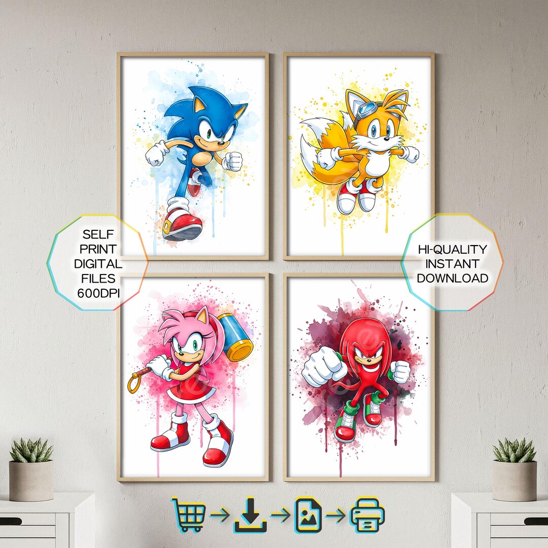 4 Gentle Sonic Drawing Prints - the Hedgehog, Tails Amy Rose Poster ...