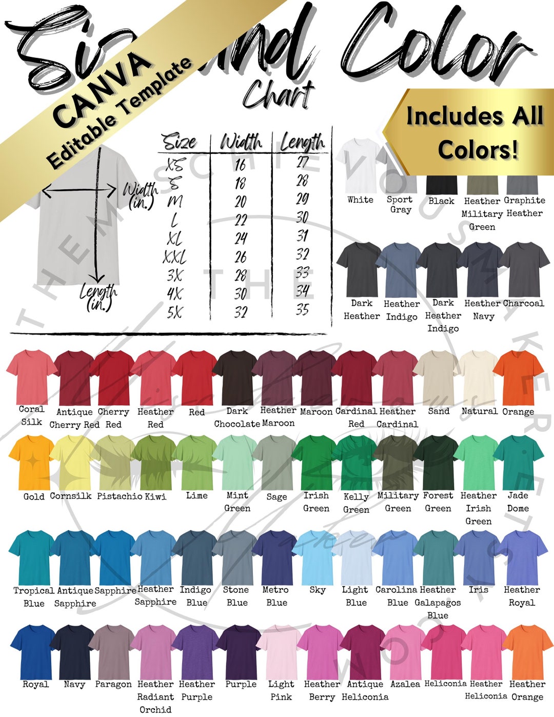 Gildan 64000 Size Color Chart EDITABLE Canva Template G640 Unisex ...