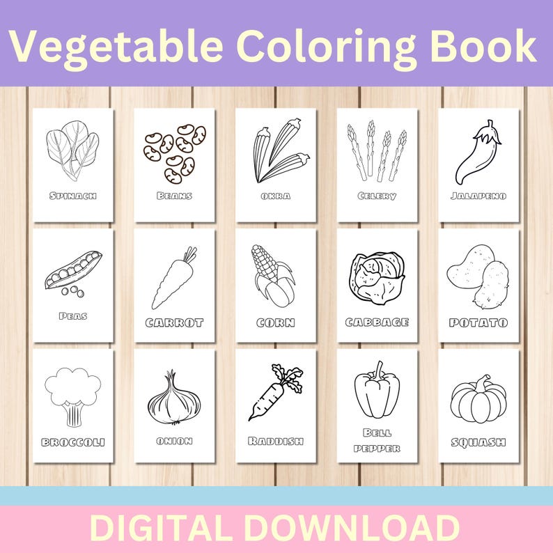 20 Vegetable Coloring Pages for Kids, Instant Download in A4 Pdf File ...