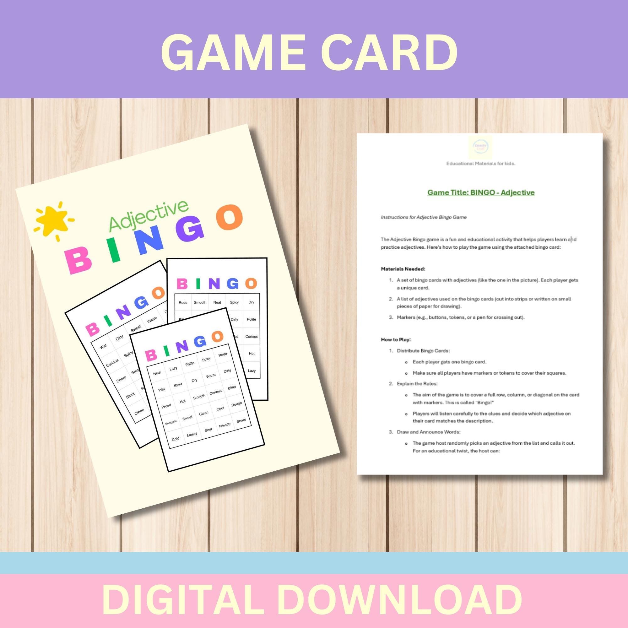 Adjective Bingo Game for Kids - 50 Adjective Words Printable ...