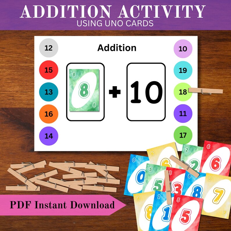 Addition Activity Printable Using UNO Cards | Math Game for Kids | PDF ...