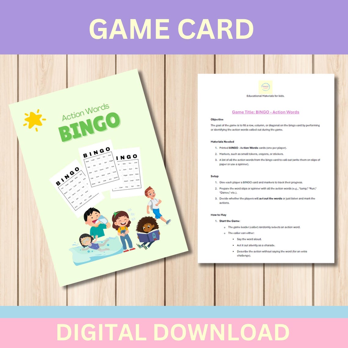 Verbs Bingo Game for Kids 50 Action Verbs Educational Printable Game ...
