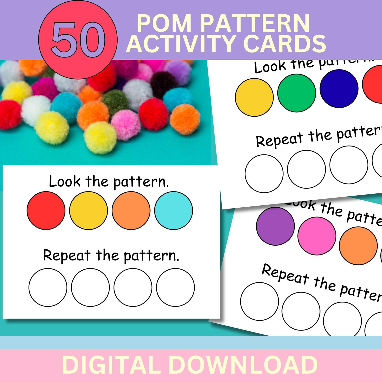 Pom Pom Pattern Cards – 48 Printable Activities for Preschool ...