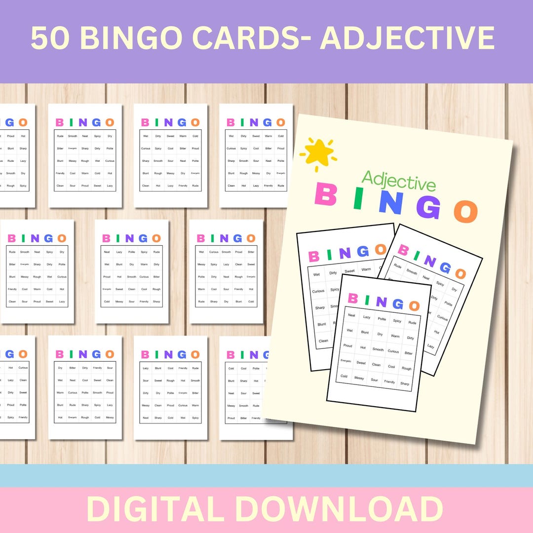 Adjective Bingo Game for Kids - 50 Adjective Words Printable ...