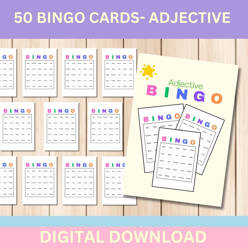 Adjective Bingo Game for Kids - 50 Adjective Words Printable ...