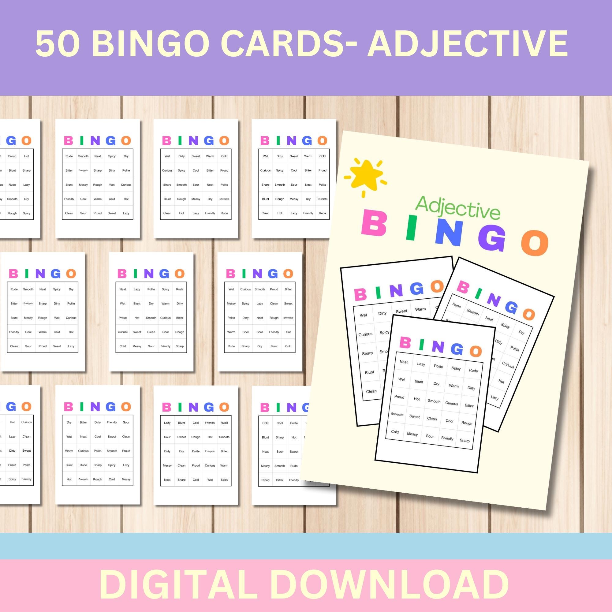 Adjective Bingo Game for Kids - 50 Adjective Words Printable ...