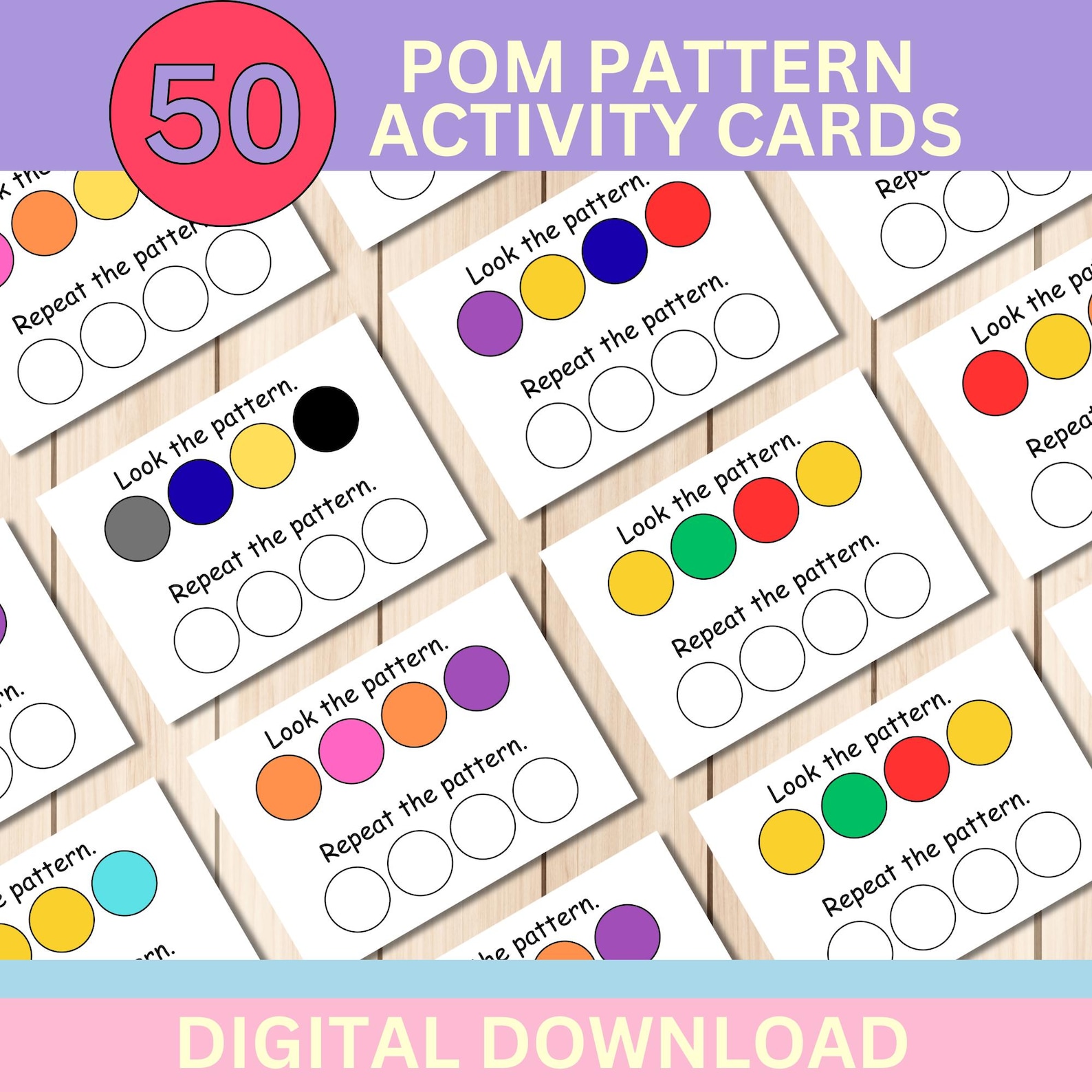 Pom Pom Pattern Cards – 48 Printable Activities for Preschool ...