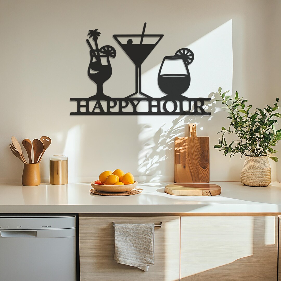 Happy Hour Metal Wall Art, Cocktail Bar Sign, Home Decor, Modern Drink ...