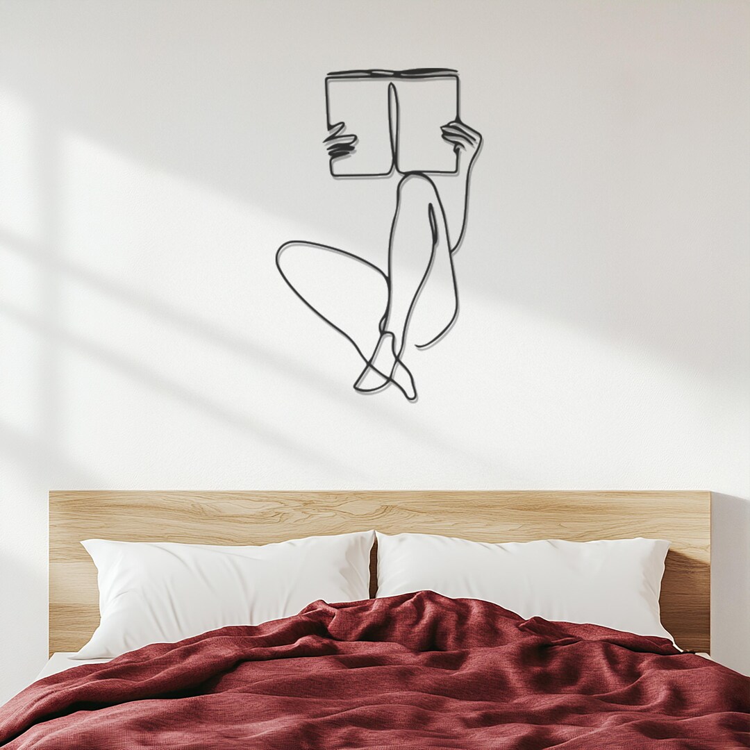 Minimalist Metal Line Wall Decor, Woman Reading Book Home Decor, Metal ...