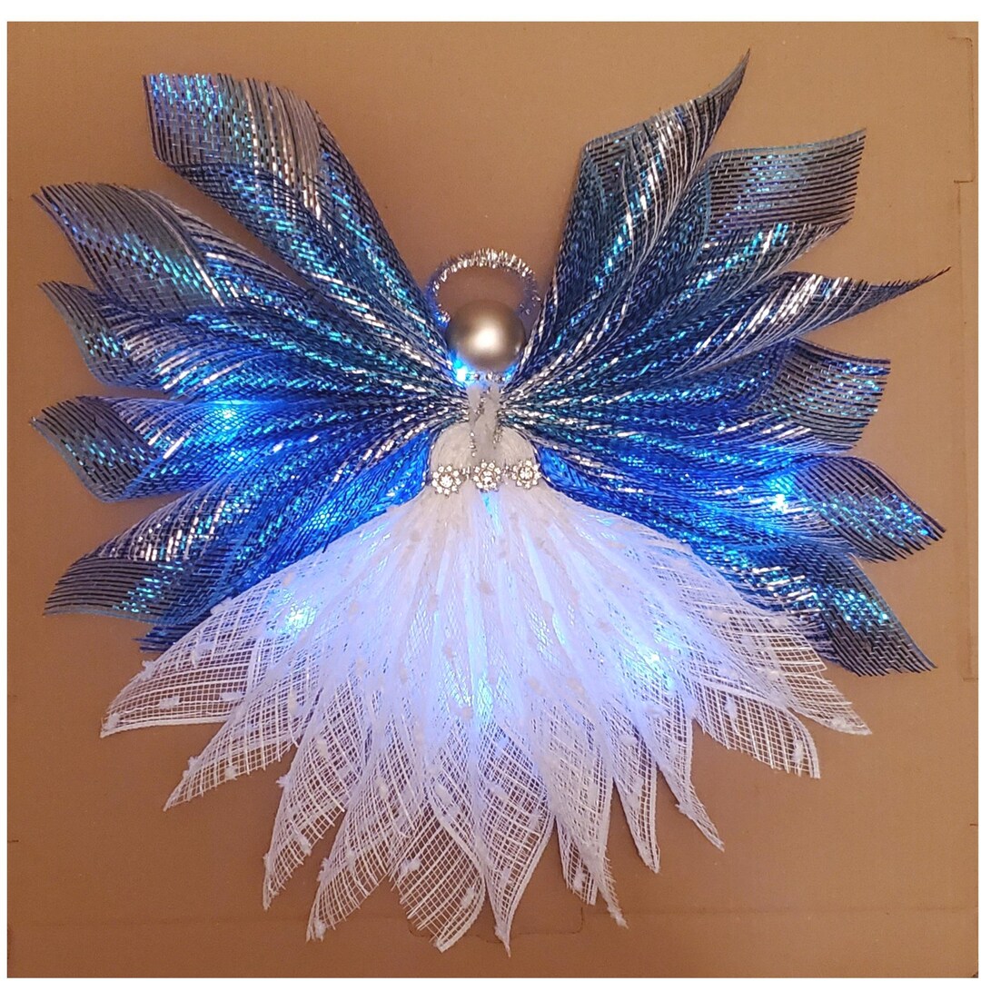 Illuminated Blue and White Mesh Guardian Angel Tree Topper, Tabletop ...