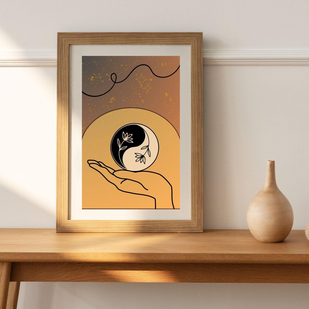 Yin Yang Wall Art, Ying Yang Poster, Boho Wall Decor, Flowers, Hand ...