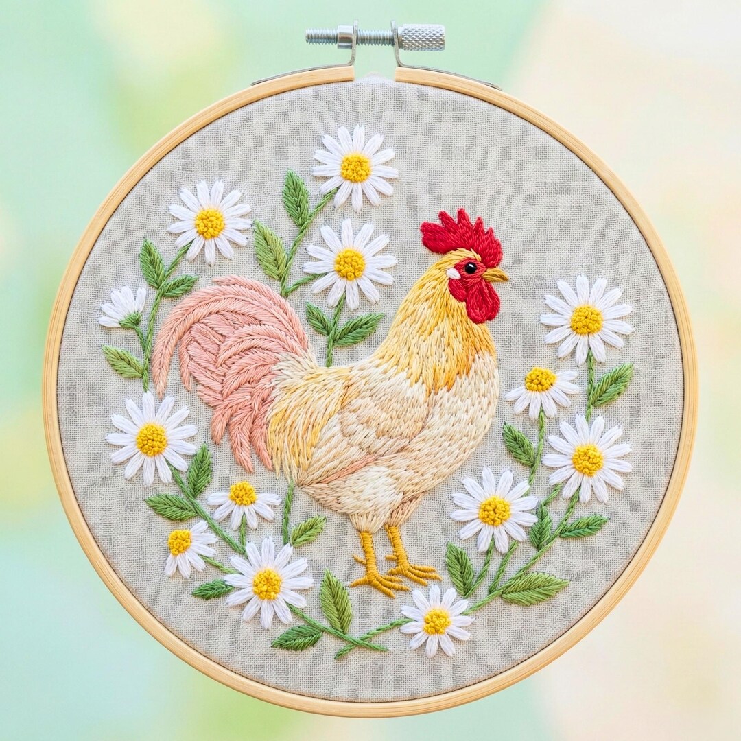 Daisy Rooster Embroidery Pattern, Farmhouse Chicken Hoop Art, Meadow ...