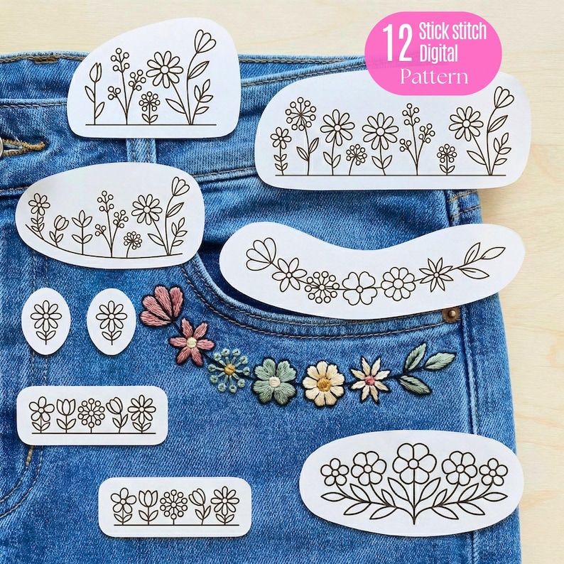 12 Printable Wildflower Borders: Stick and Stitch PDF for Cuffs and ...