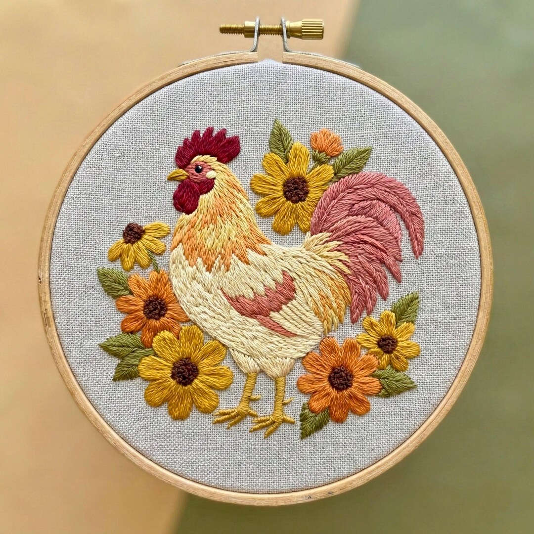 Rooster Embroidery Pattern PDF, Sunflower Chicken Hoop Art, Floral ...