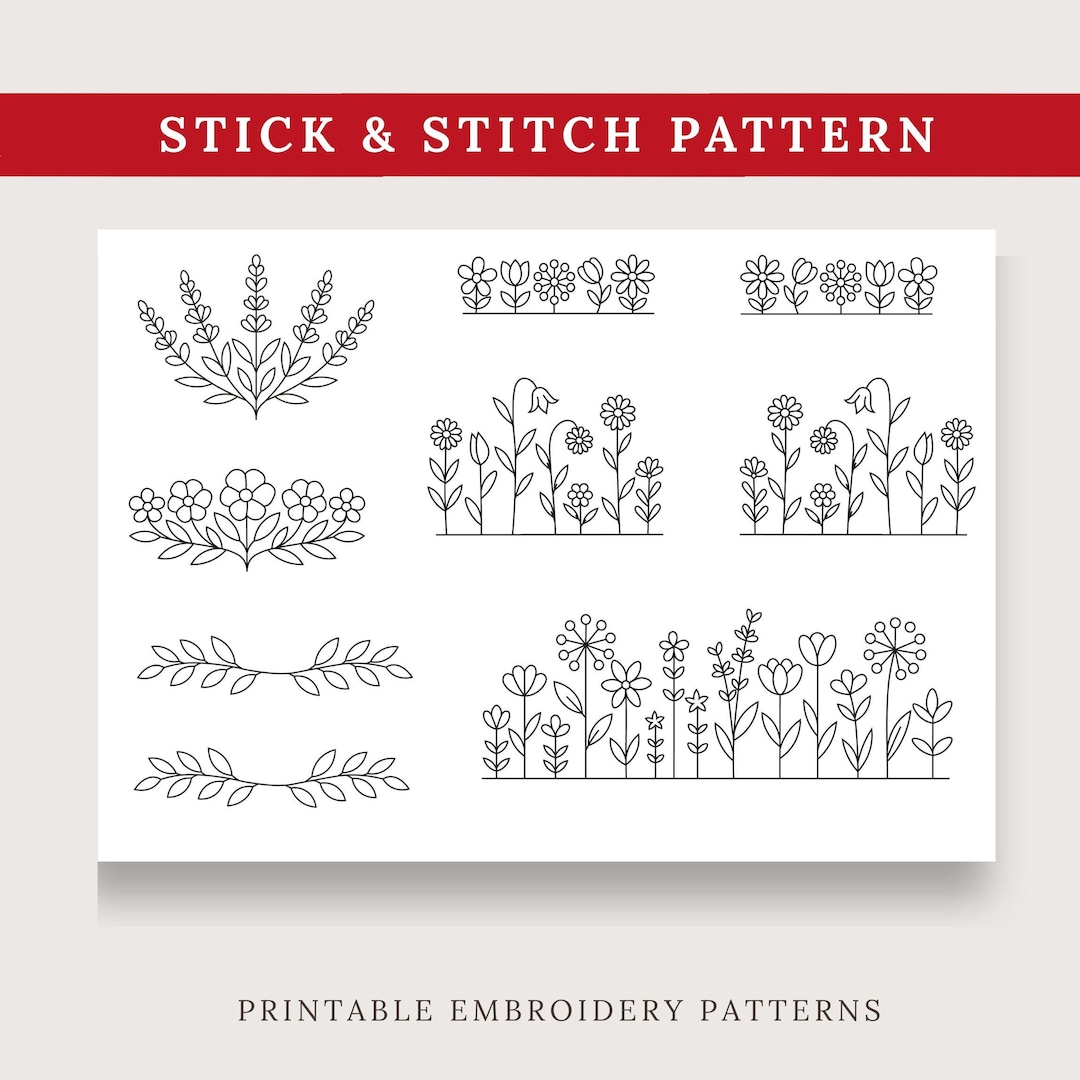 Floral Embroidery Pattern, Printable Stick and Stitch Embroidery ...