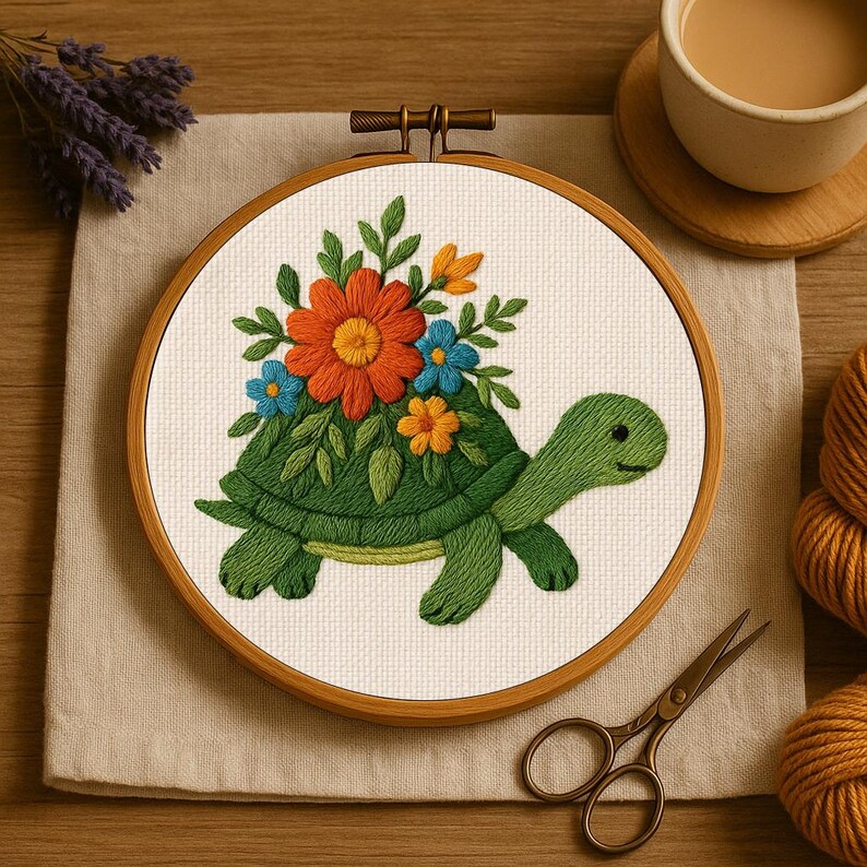 Floral Turtle Embroidery Pattern, Spring Animal Stitch (digital ...