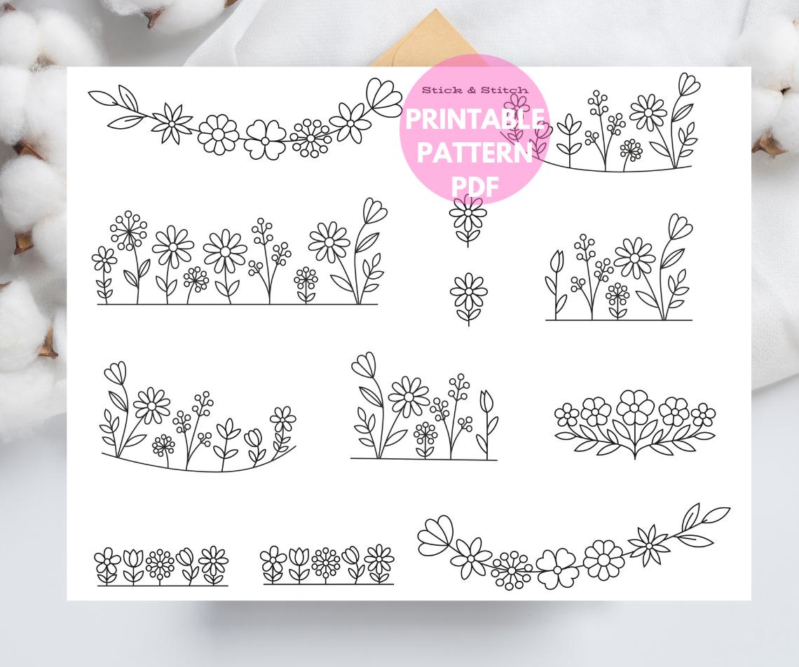 12 Printable Wildflower Borders: Stick and Stitch PDF for Cuffs and ...