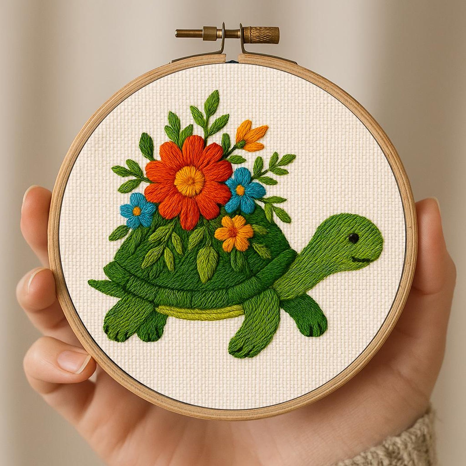 Floral Turtle Embroidery Pattern, Cute Animal Stitch, Spring Garden ...