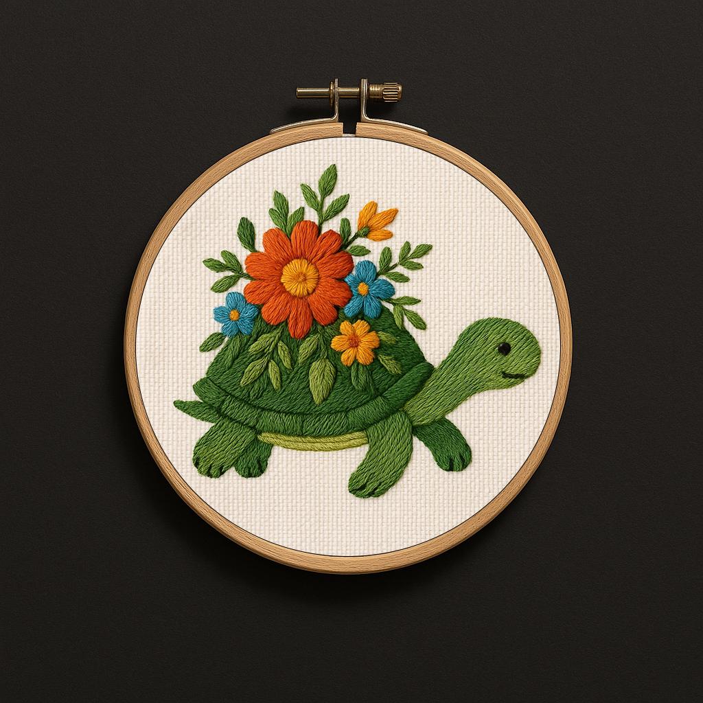 Floral Turtle Embroidery Pattern, Cute Animal Stitch, Spring Garden ...